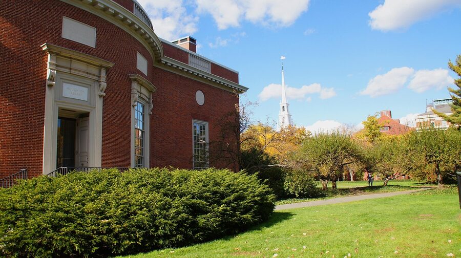 Harvard campus library with red brick Georgian architecture