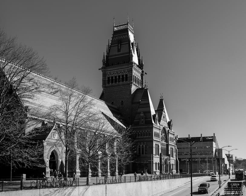 Harvard Memorial Hall in black and white showing Gothic facade