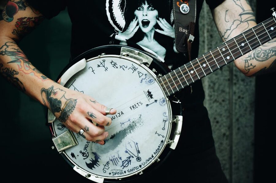 Close-up of a banjo being played