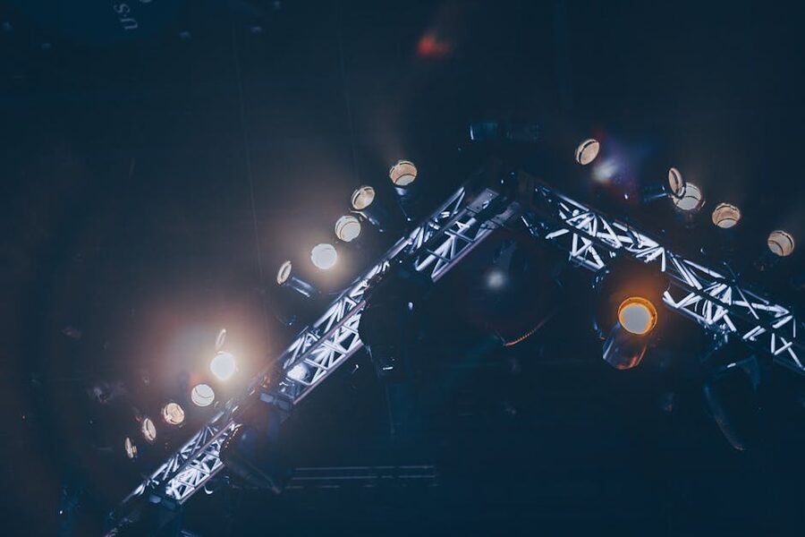 Stage lighting rig illuminated during a Branson theatre show