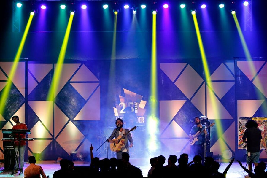 Live band performing on stage with dynamic lighting