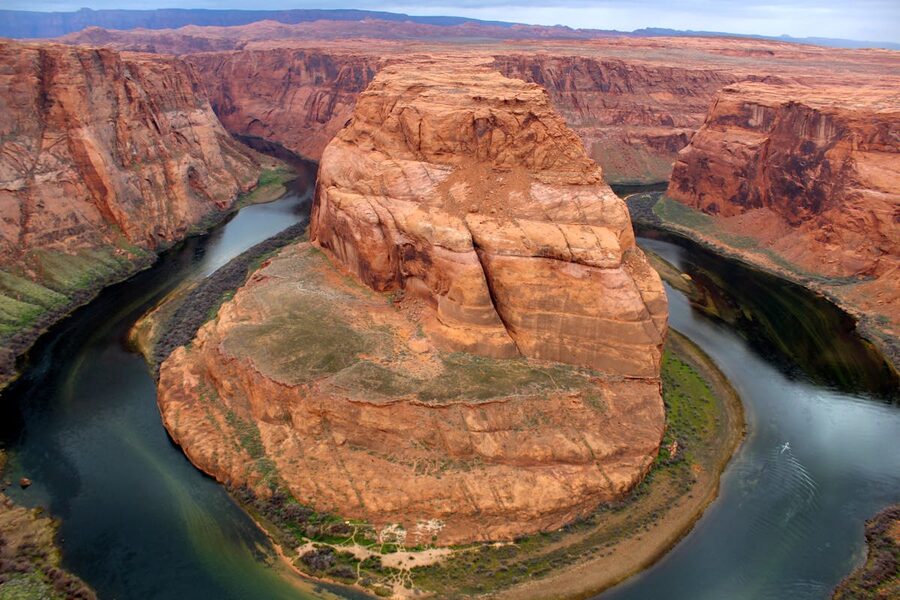 Classic aerial view of Horseshoe Bend red rock formations and river