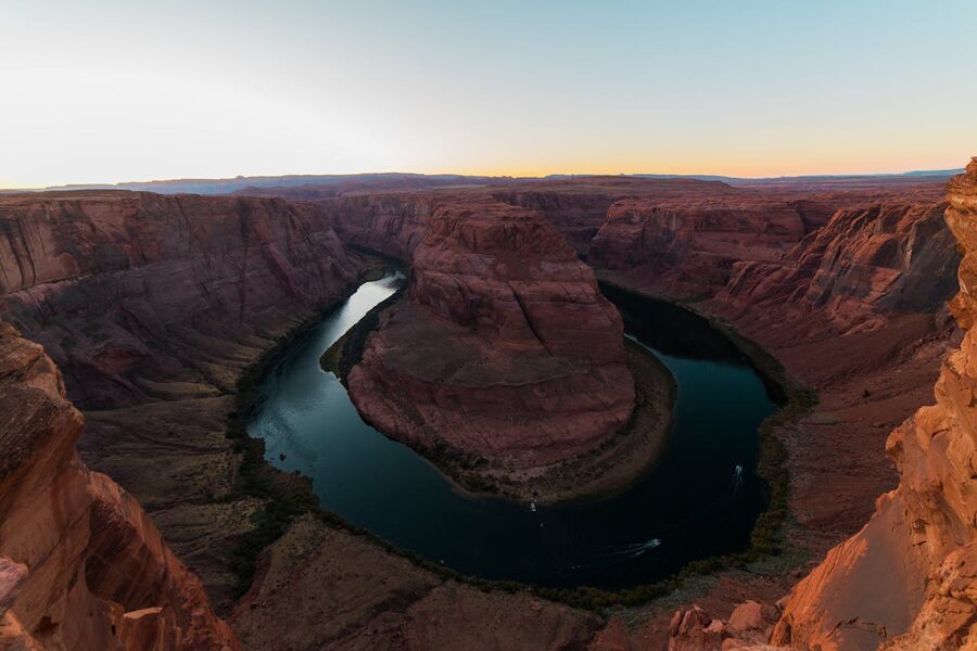 Horseshoe Bend in Arizona at sunset with Colorado River below