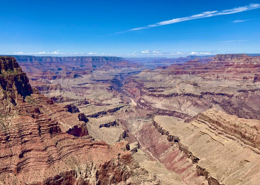Aerial view of Grand Canyon geological formations from helicopter