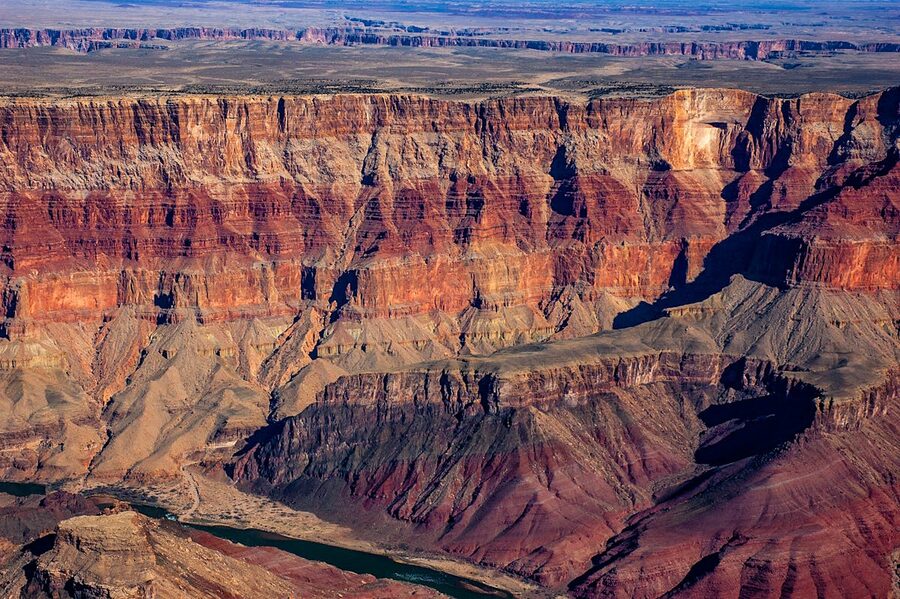 Grand Canyon aerial view showing colored rock layers