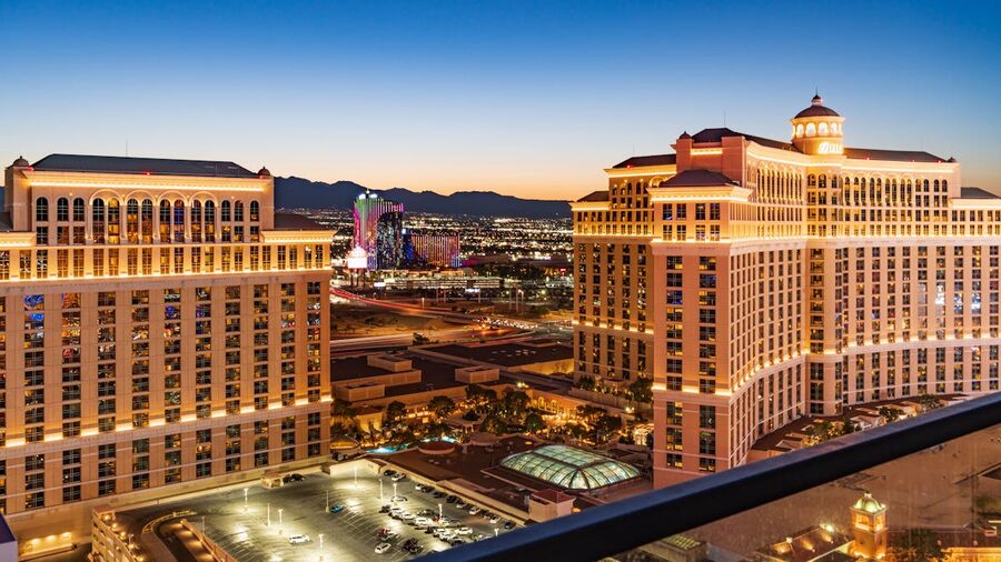 Illuminated Bellagio Hotel and Las Vegas skyline at night
