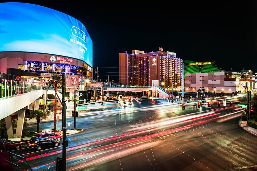 Las Vegas Boulevard at night with light trails