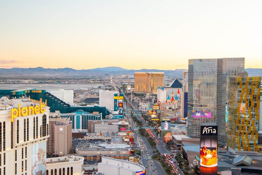 Las Vegas Strip skyline at sunset from aerial perspective