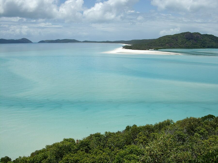 Hill Inlet view from the lookout platform with white sand swirls and turquoise water