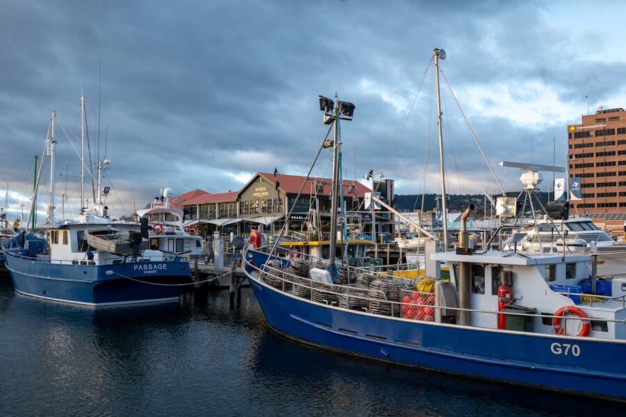 Hobart fishing boats at dawn on the waterfront in Tasmania