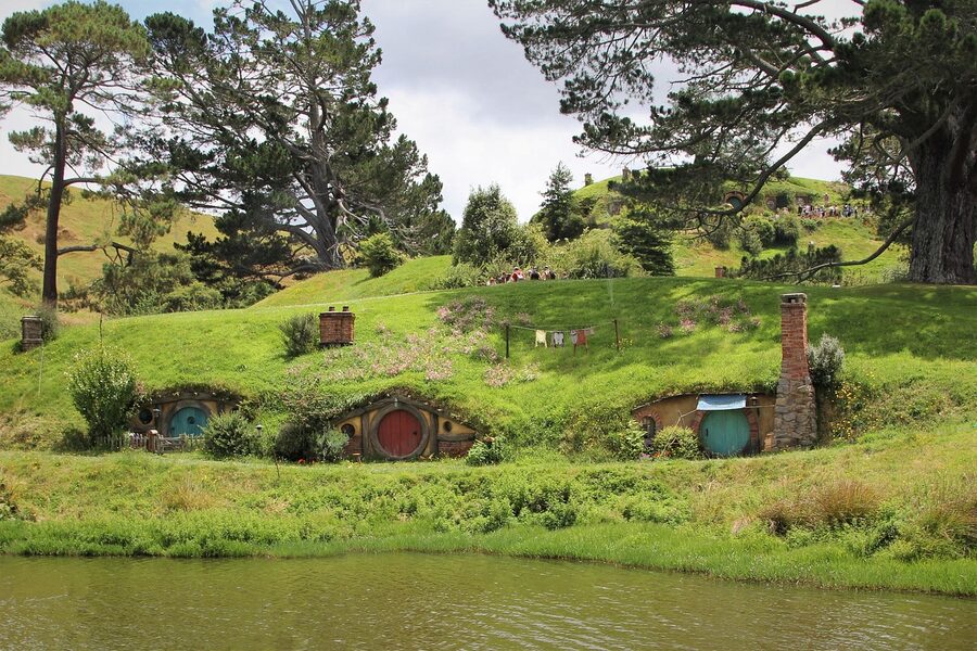 Hobbiton hobbit house with round door in summer