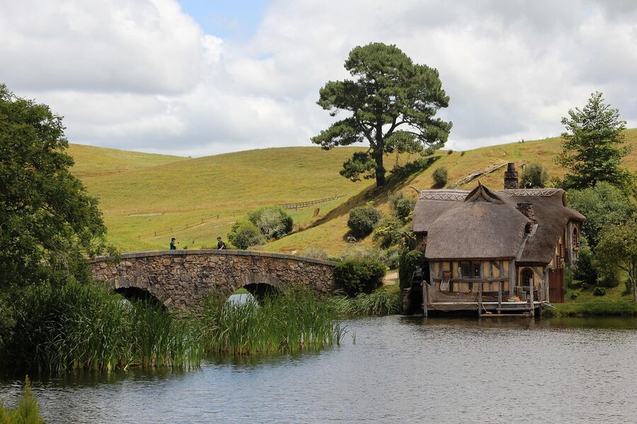 Hobbiton stone bridge water wheel and mill