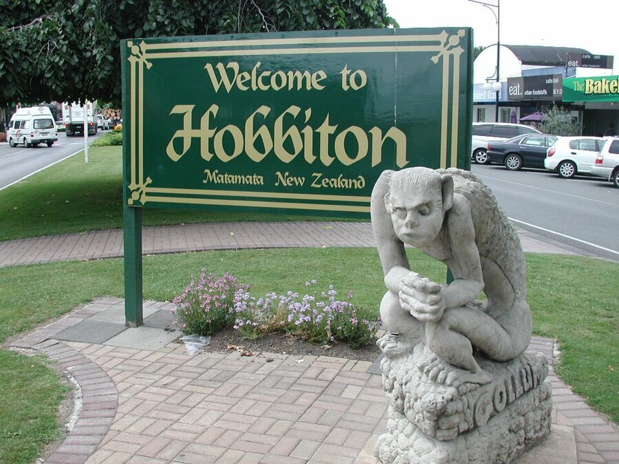 Hobbiton sign and Gollum statue on Broadway Matamata New Zealand