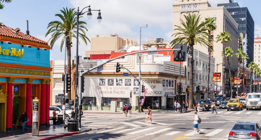 Hollywood Boulevard with souvenir shops and palm trees