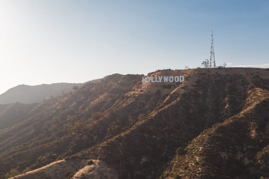 Aerial view of the Hollywood Sign on Mount Lee Los Angeles