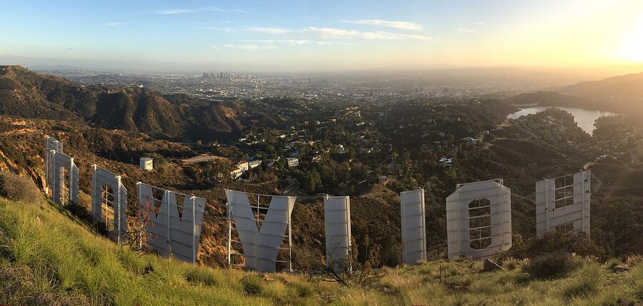 View from behind the Hollywood Sign overlooking Los Angeles from Mount Lee