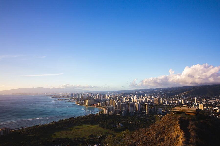 Aerial view of Honolulu cityscape from Diamond Head crater