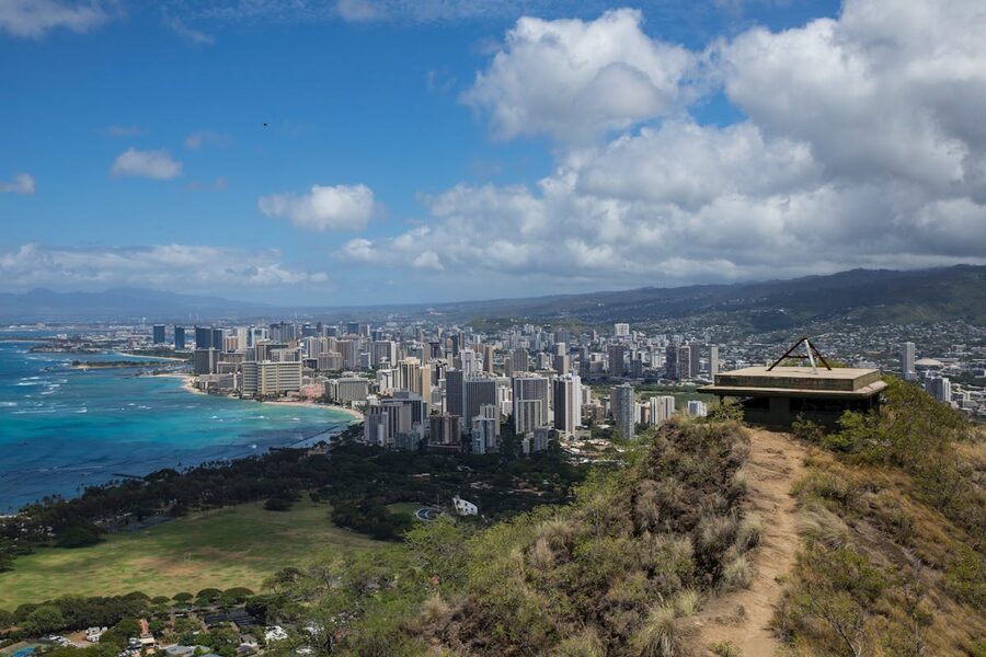 Breathtaking view of Honolulu skyline with ocean from Diamond Head Crater