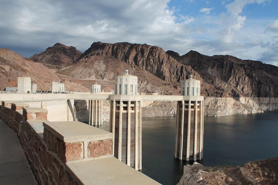 Aerial view of Hoover Dam and the Colorado River flowing through Black Canyon