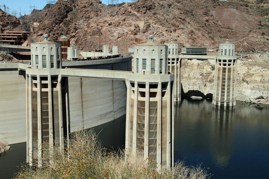 Hoover Dam rising from Black Canyon on the Colorado River between Nevada and Arizona