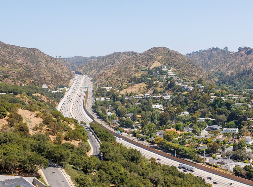 Aerial view of a Los Angeles freeway winding between palm-dotted neighbourhoods