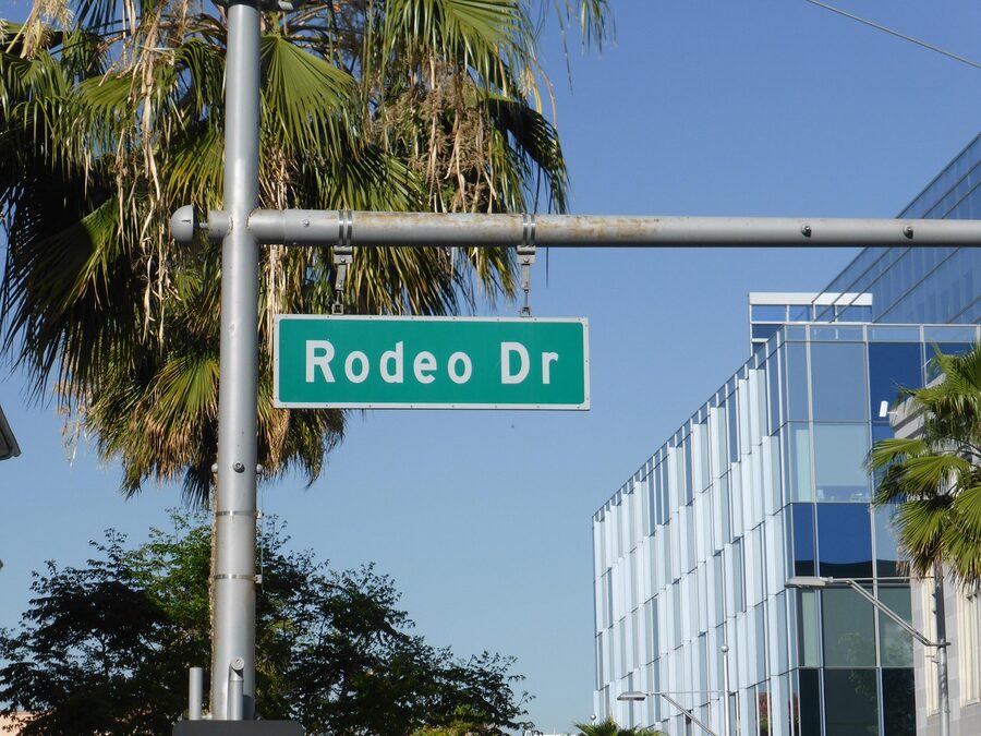 Rodeo Drive street sign against a blue sky