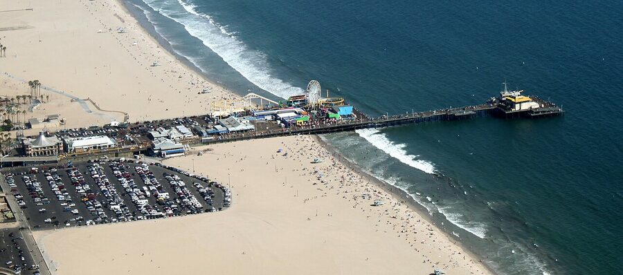 Aerial view of Santa Monica Pier looking south along the Pacific coast