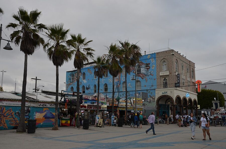 Venice Beach boardwalk with shops, palms and beachgoers