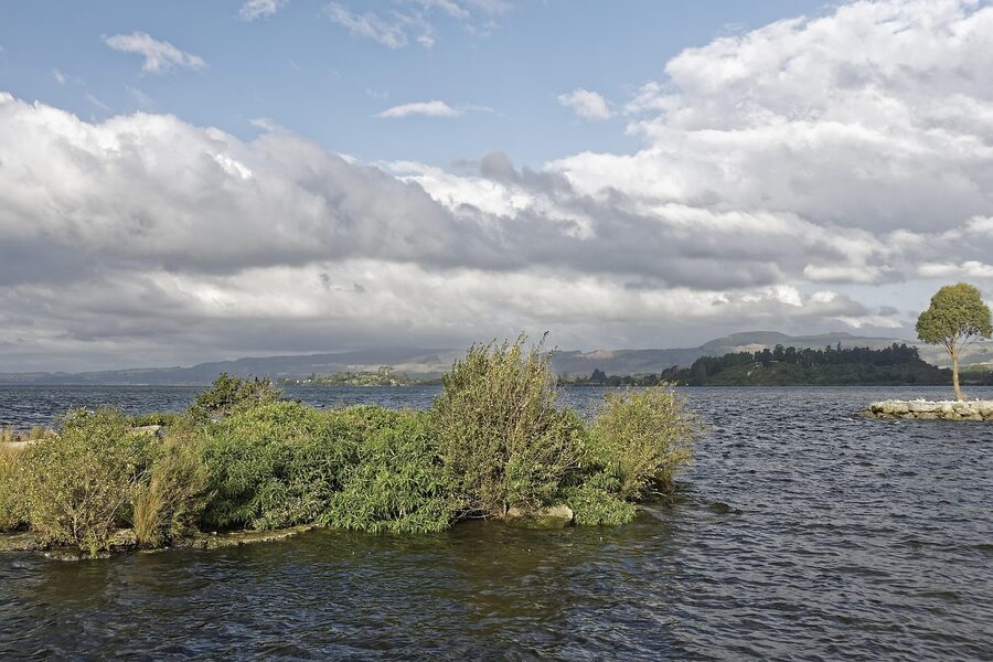 Lake Rotorua scenic view with clouds North Island New Zealand