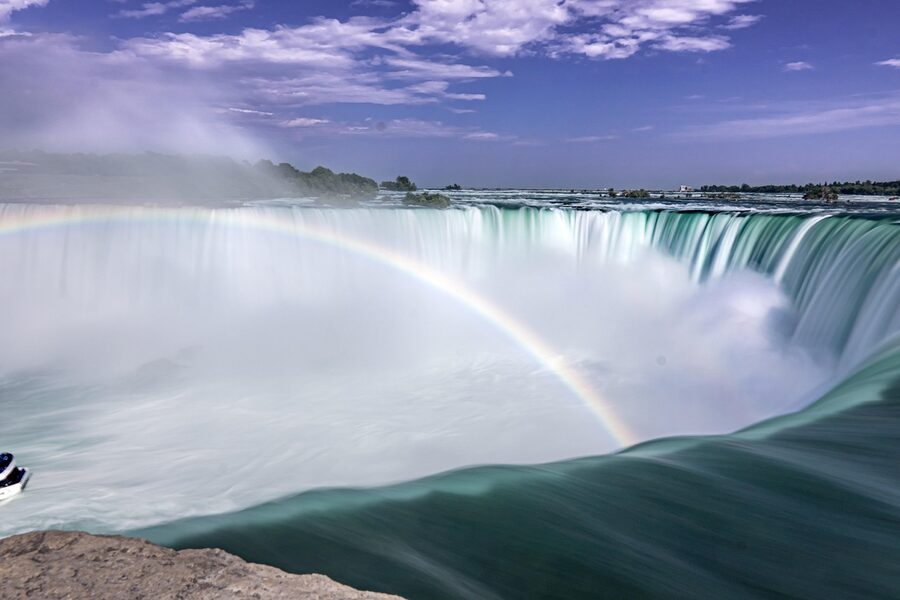 Rainbow arcing over Niagara Falls on a sunny afternoon