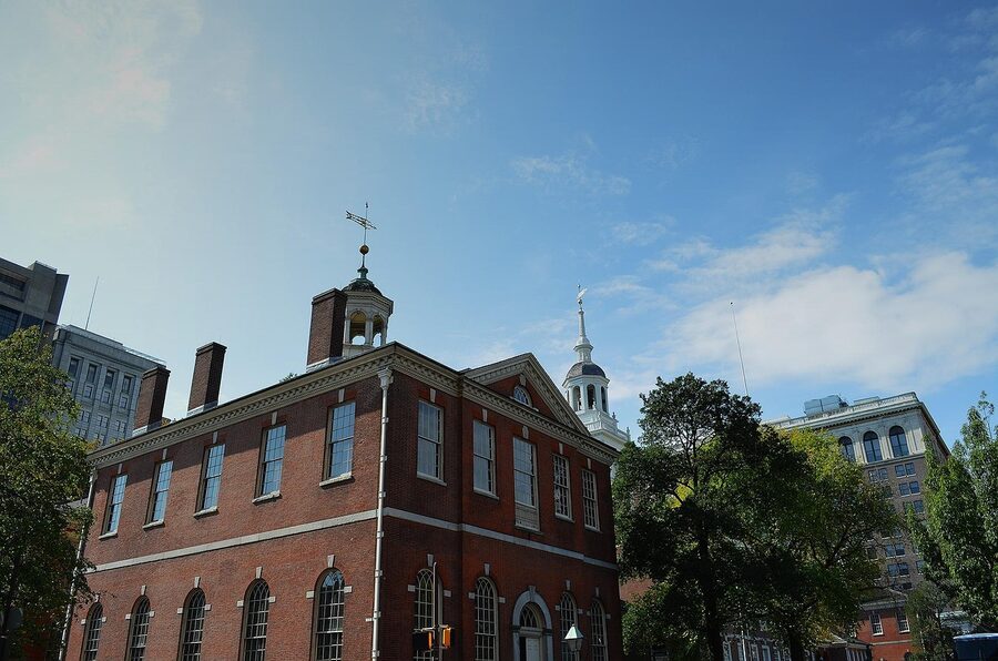 Independence Hall Philadelphia with spring blossoms