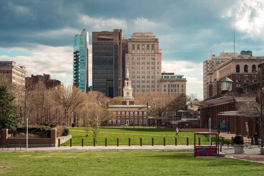 Independence Hall with Philadelphia modern skyline behind