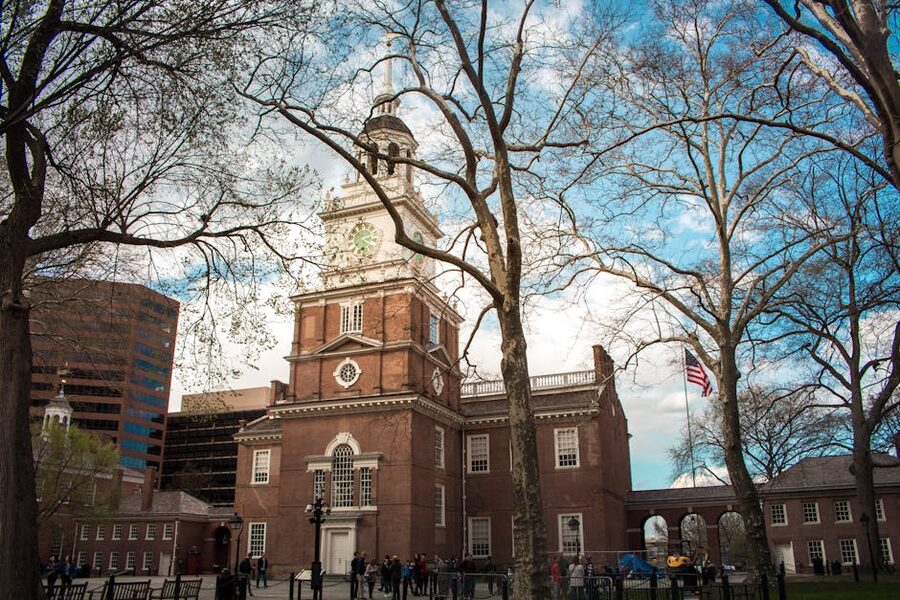 Independence Hall Philadelphia in spring with blue sky