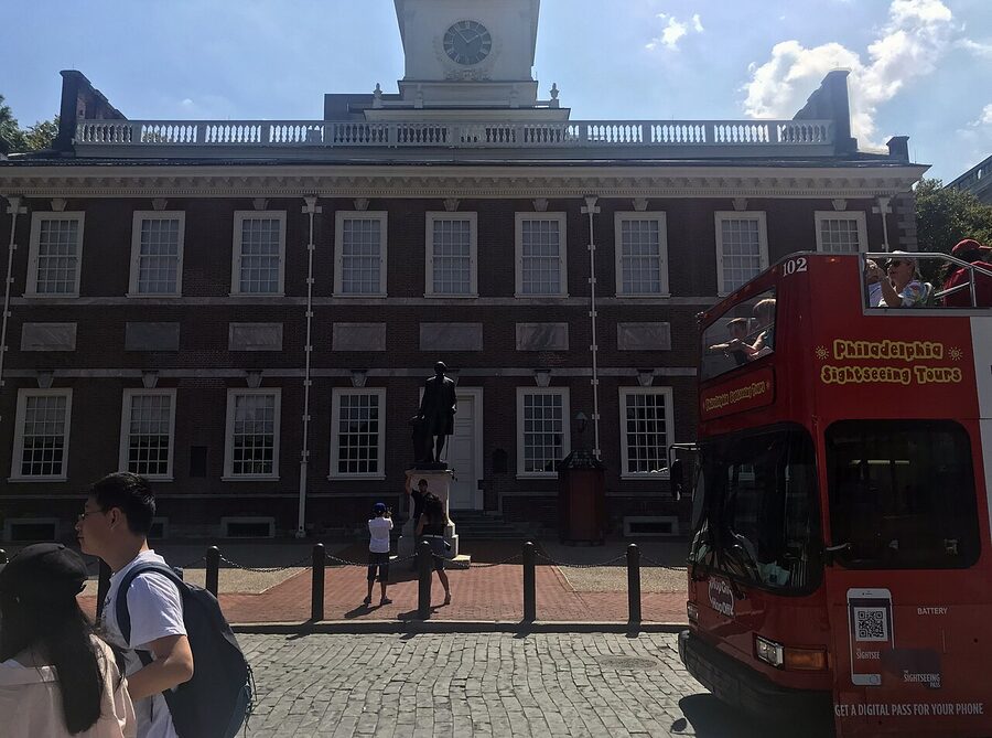 Tourists waiting at Independence Hall Philadelphia