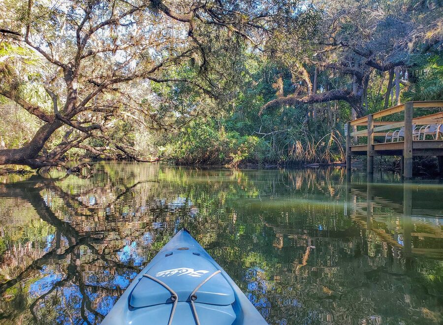 A transparent kayak paddling over clear Florida water