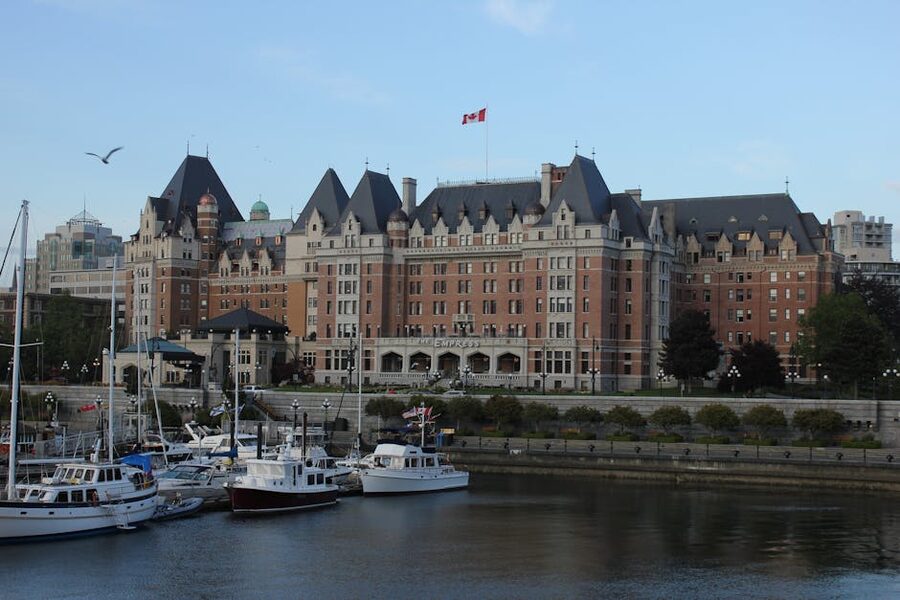 Fairmont Empress Hotel viewed from Victoria Inner Harbour yachts