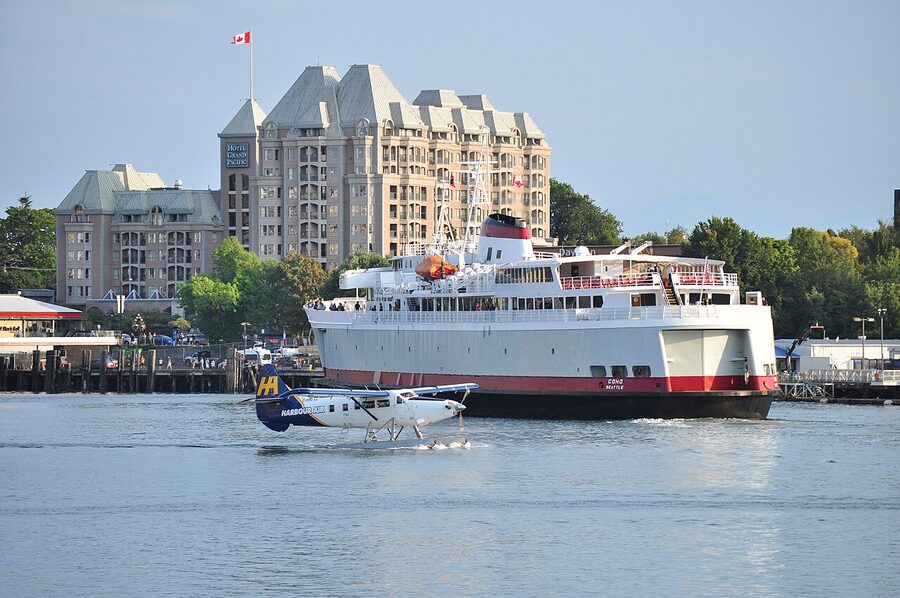 Harbour Air floatplane and MV Coho ferry Victoria