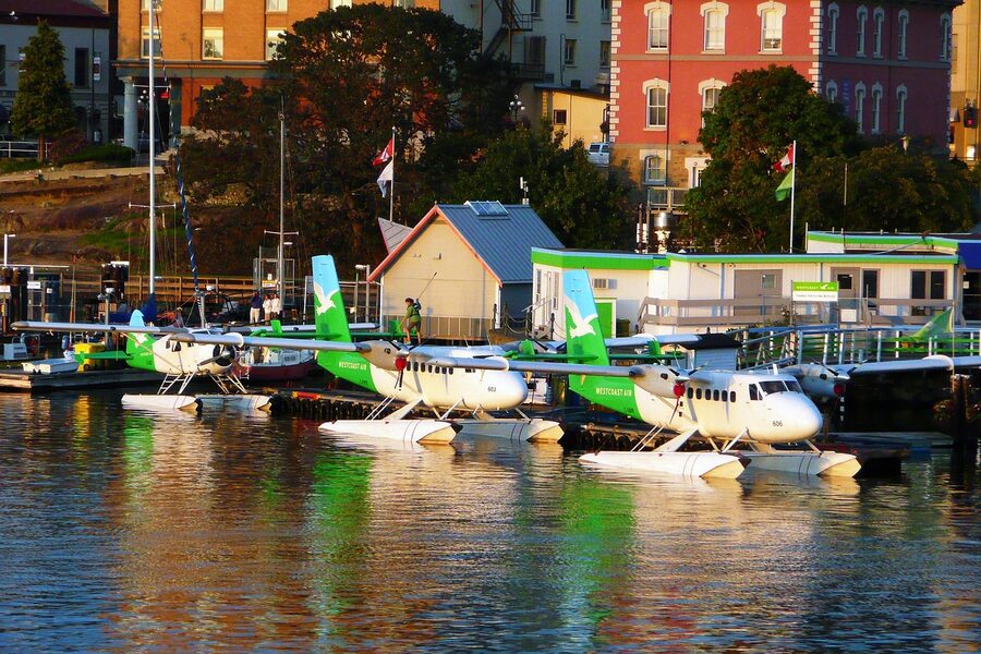 Float planes docked Victoria Inner Harbour British Columbia