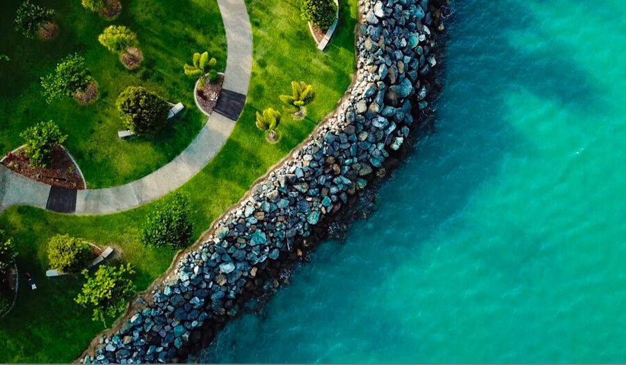 Aerial view of Airlie Beach coastline in Queensland Australia