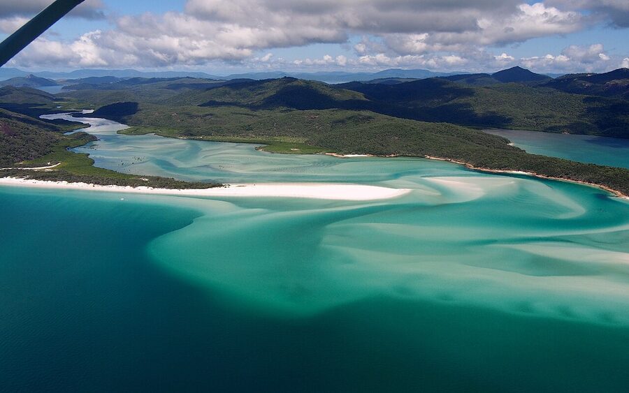 Aerial view of Hill Inlet showing swirling sand and turquoise water