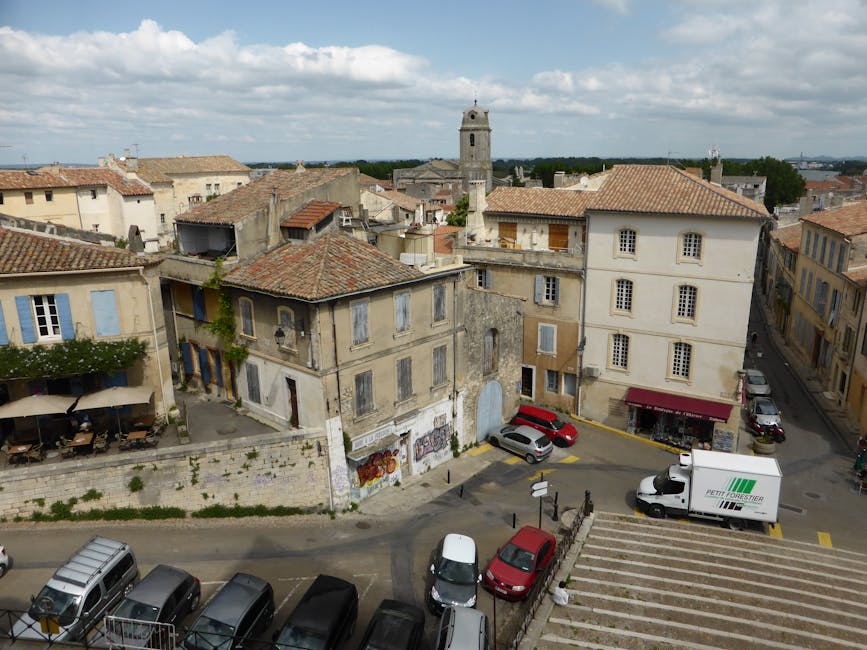 Aerial view of Arles France historic rooftops and streets