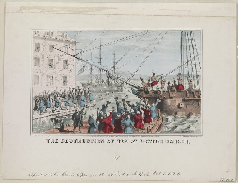 Historical engraving of the destruction of tea at Boston Harbor 1773
