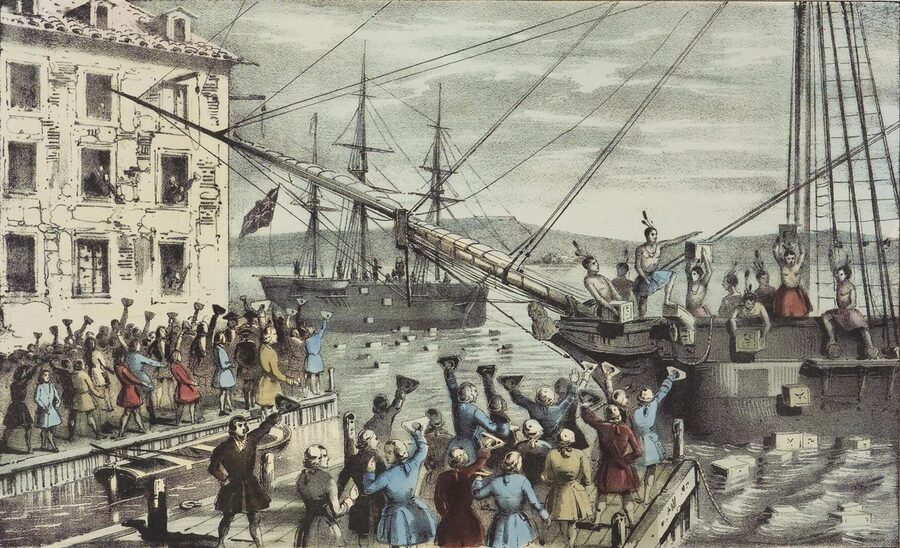 Colored Currier lithograph of the Boston Tea Party