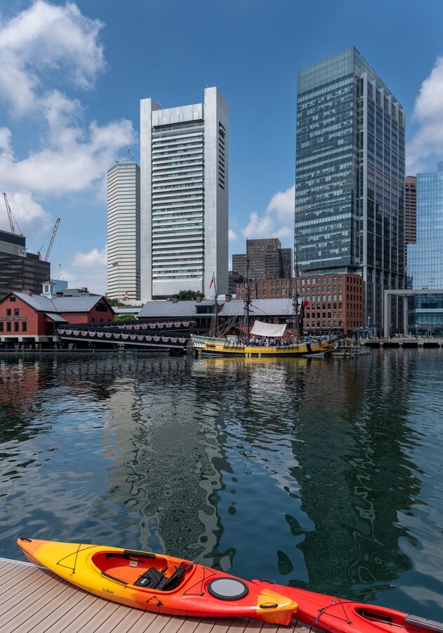 Boston Tea Party Ships and Museum with kayaks on Fort Point Channel