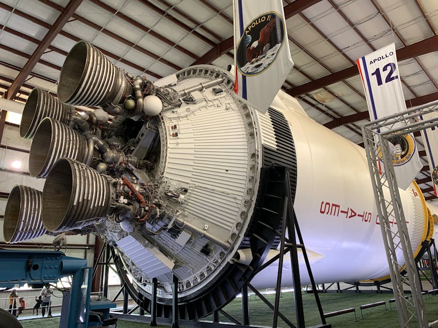 Close-up of Apollo 12 rocket engine on display at Space Center Houston