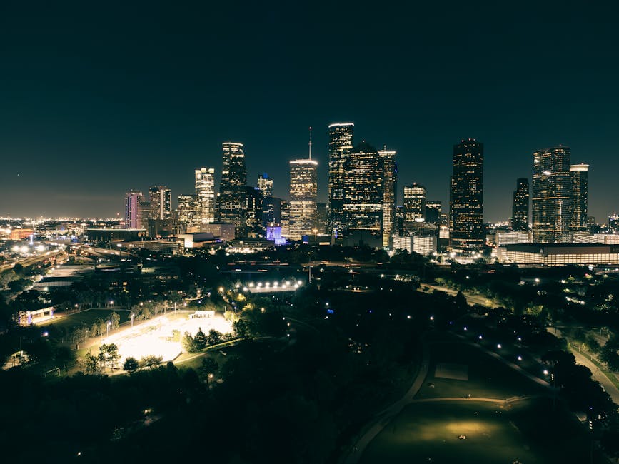 Houston skyline at night, the city you leave behind to visit Space Center