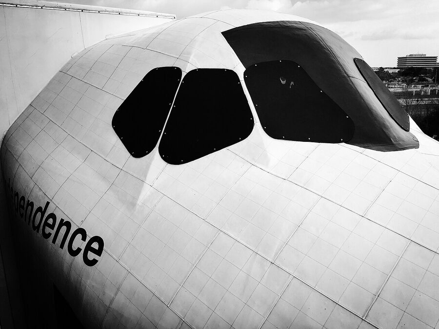 Space Shuttle replica on NASA 905 carrier aircraft at Independence Plaza, Space Center Houston