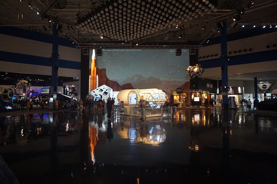 Interior exhibit hall inside Space Center Houston with aerospace displays