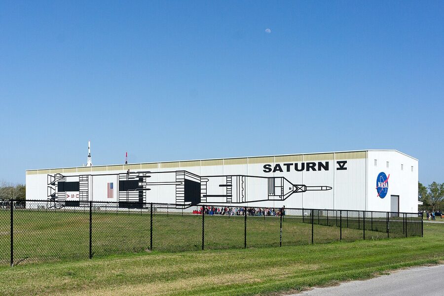 Saturn V facility interior at Space Center Houston showing the full rocket
