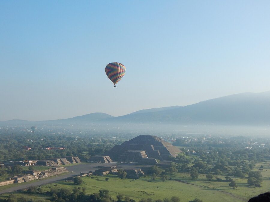 Teotihuacan archaeological zone seen from above a pyramid